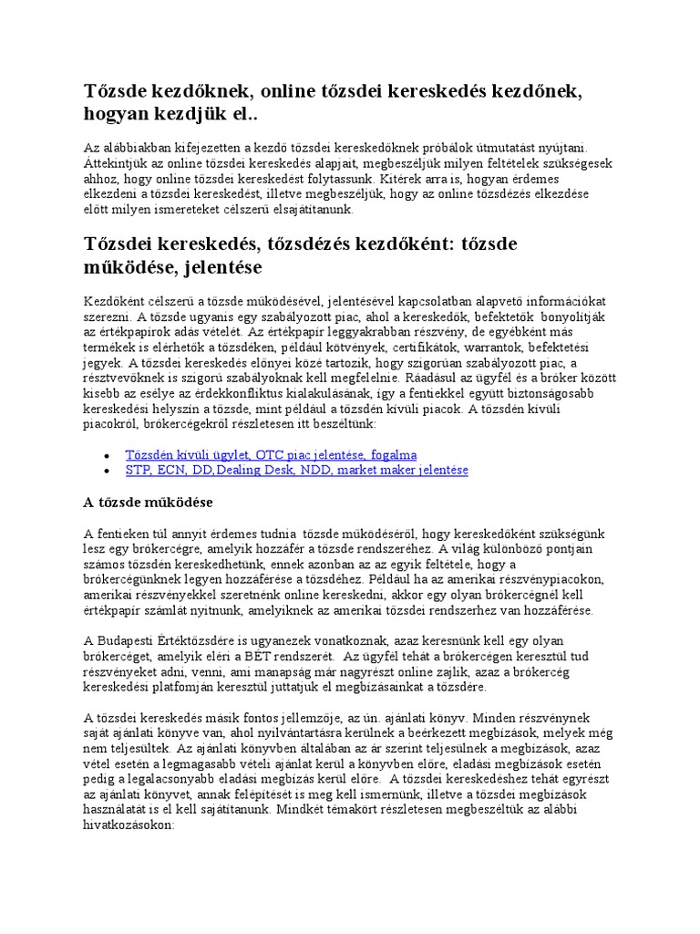 Online Tozsde Kezdoknek Hogyan Kezdjuk El A Tozsdezest | PDF