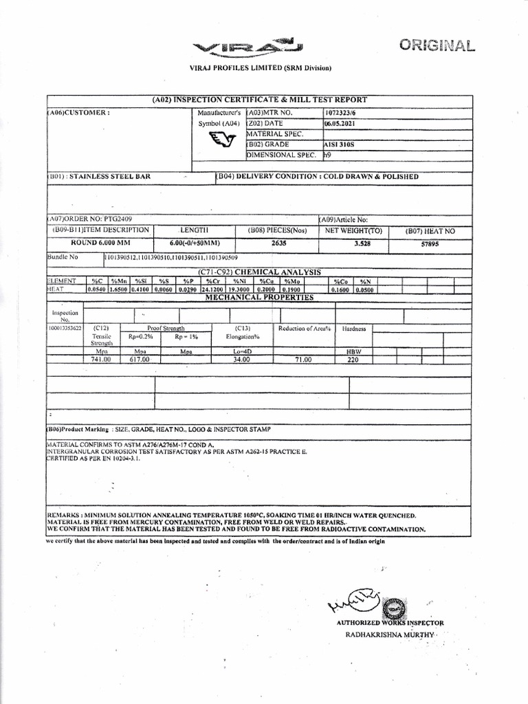 TNSPECTION Certificate & Test Report | PDF