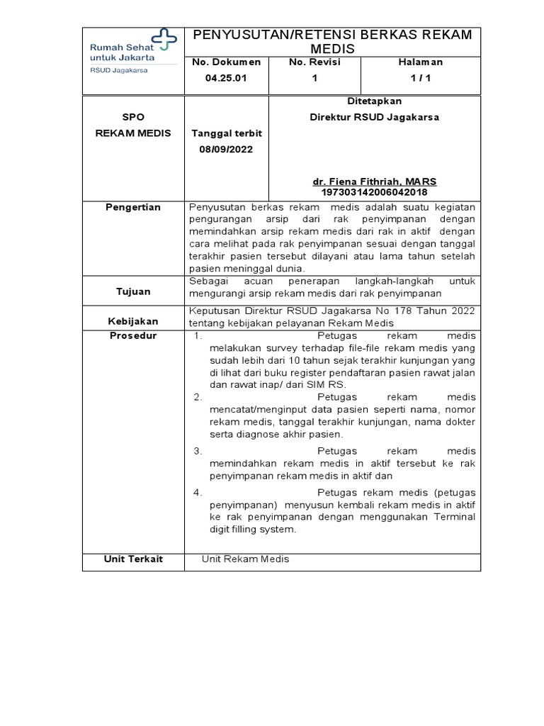 SPO PENYUSUTAN Atau RETENSI BERKAS REKAM MEDIS | PDF