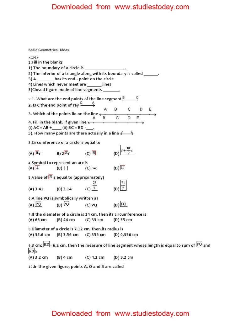 CBSE Class 6 Basic Geometrical Concepts Worksheet | PDF | Circle | Line (Geometry)