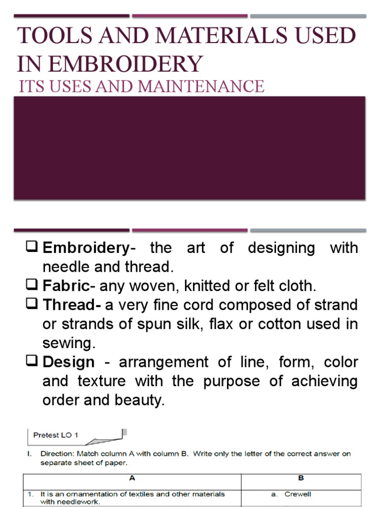 Essential Tools and Materials for Embroidery | PDF | Embroidery | Yarn