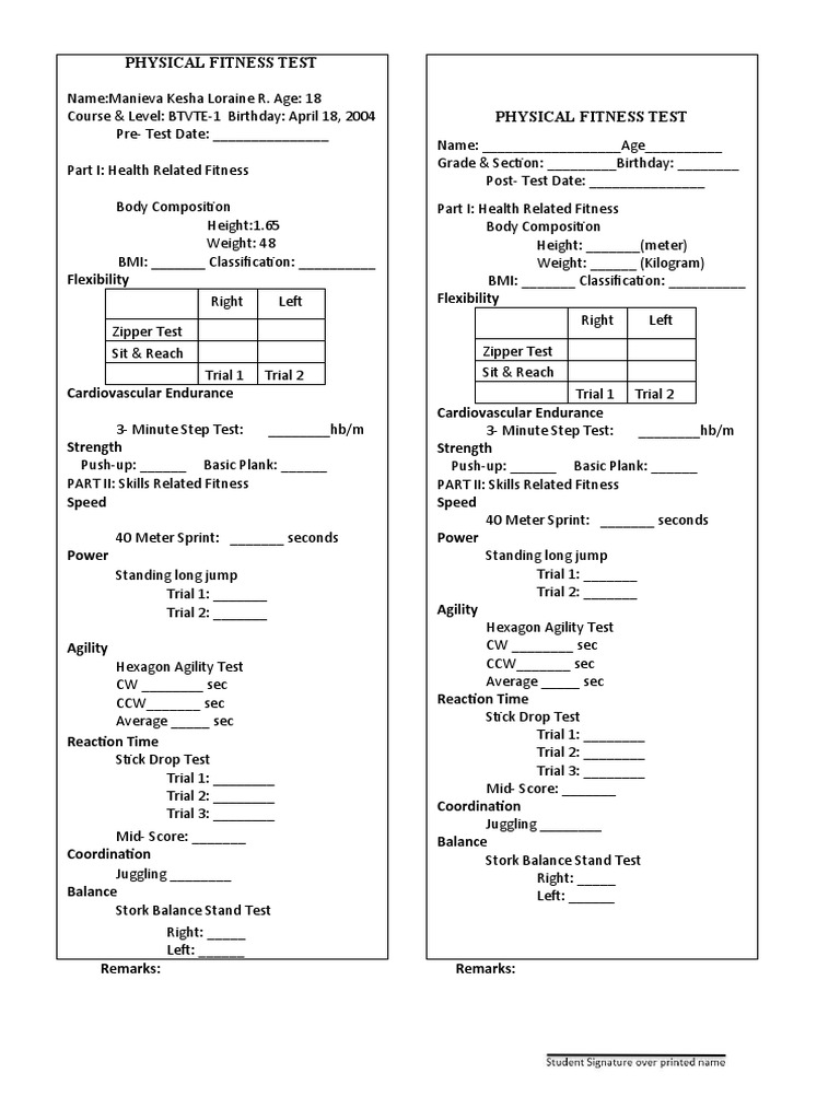 Fitness Test Template | PDF | Hobbies | Physical Exercise