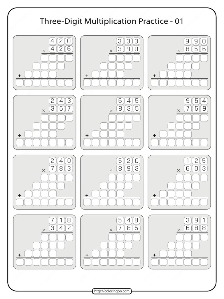 Printable Three Digit Multiplication Practice 01 | PDF