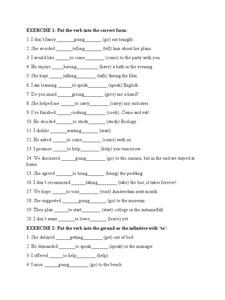 Gerund - Infinitive Exercises | PDF