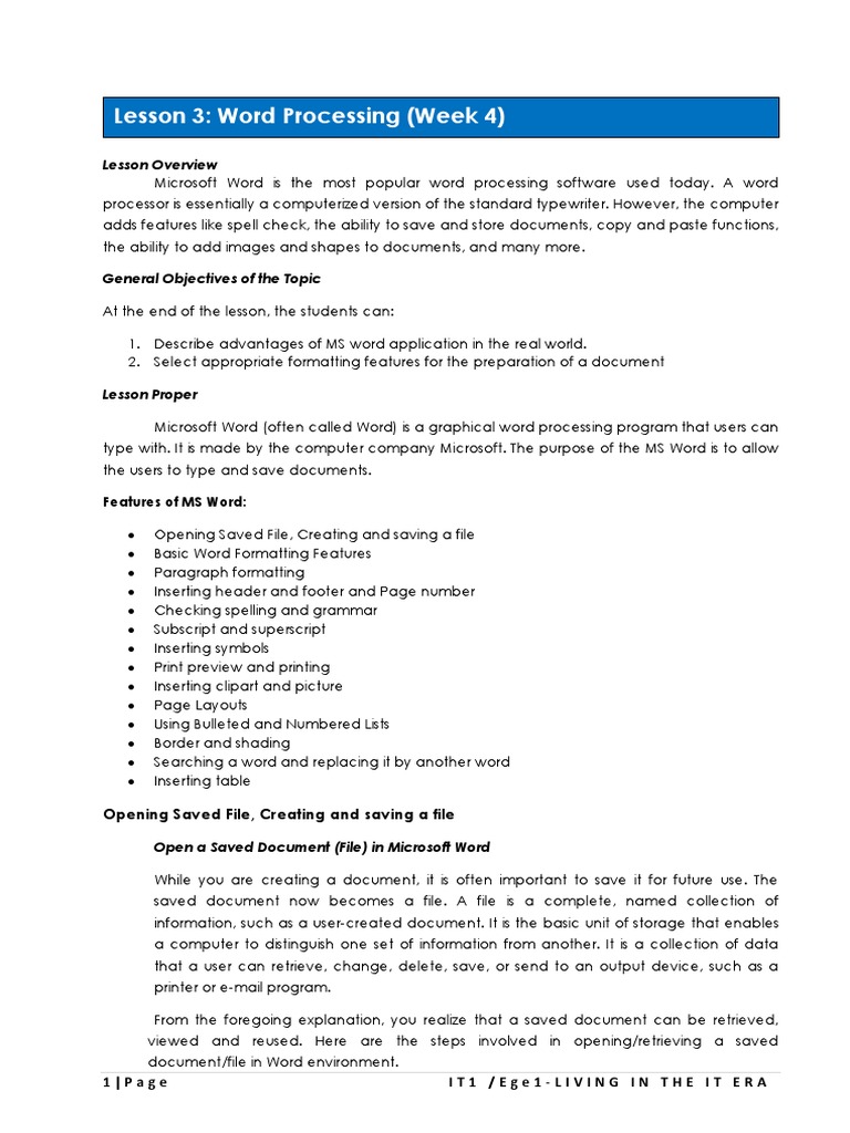 Lesson 3 Word Processing Pdf Microsoft Word Computer File