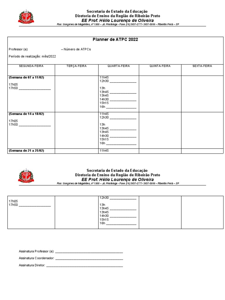 Planner de ATPC em Branco | PDF