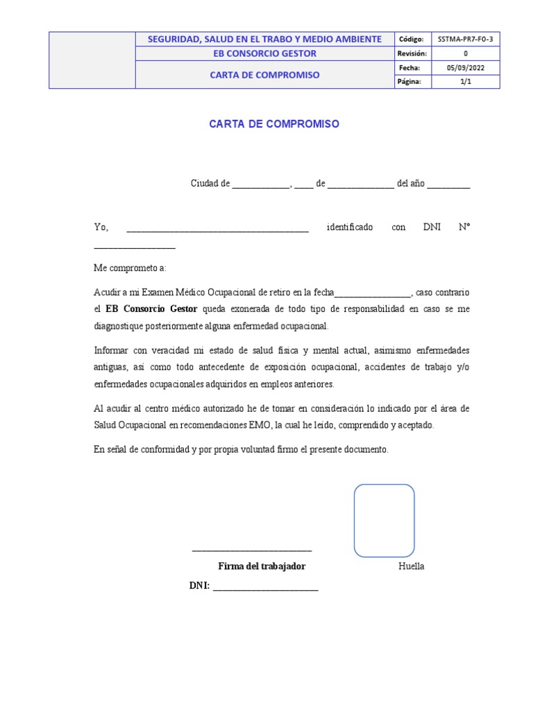 SSTMA-PR7-FO-3 - Carta de Compromiso | PDF