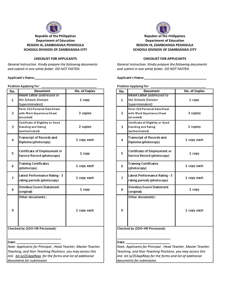 Checklist of Application Requirements | PDF | Teachers