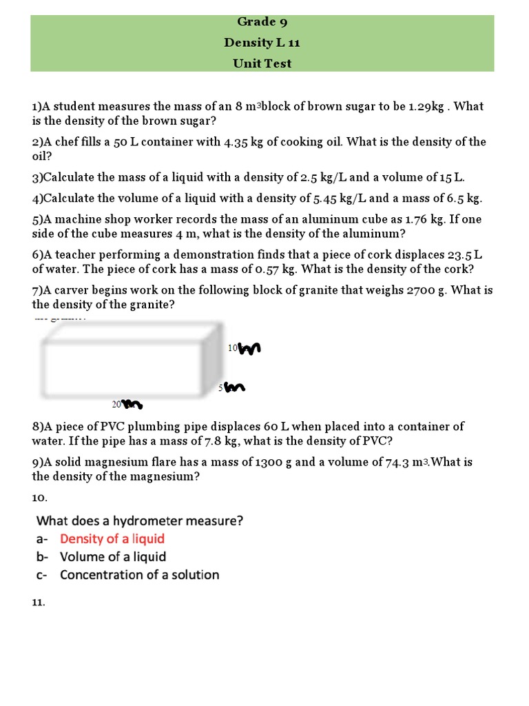 Grade 9 Density Unit Test | PDF | Science & Mathematics