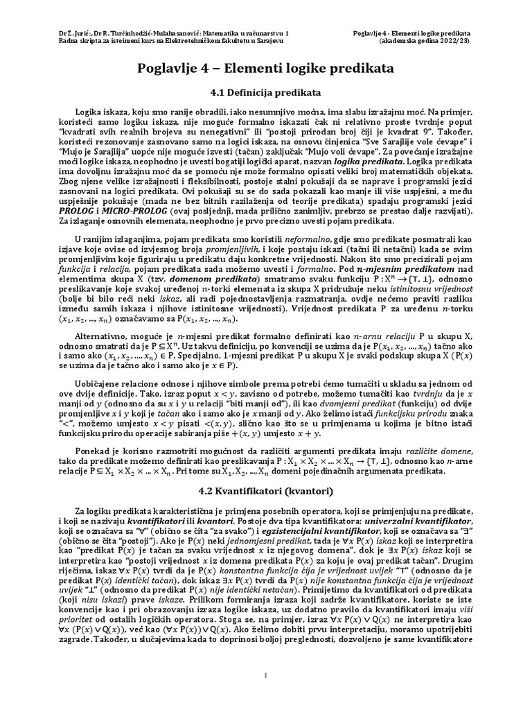 (MUR1 2022-23) Poglavlje 4 - Elementi Logike Predikata | PDF