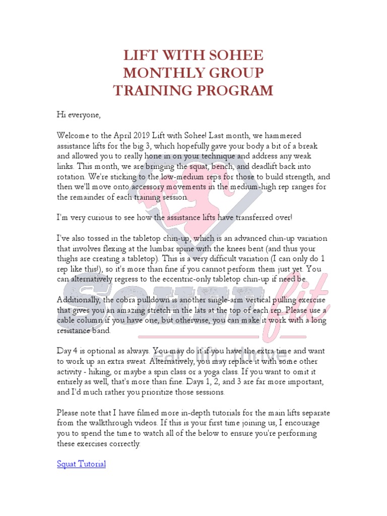April 2019 Lift With Sohee Group Training Program | PDF | Weight Training | Recreation