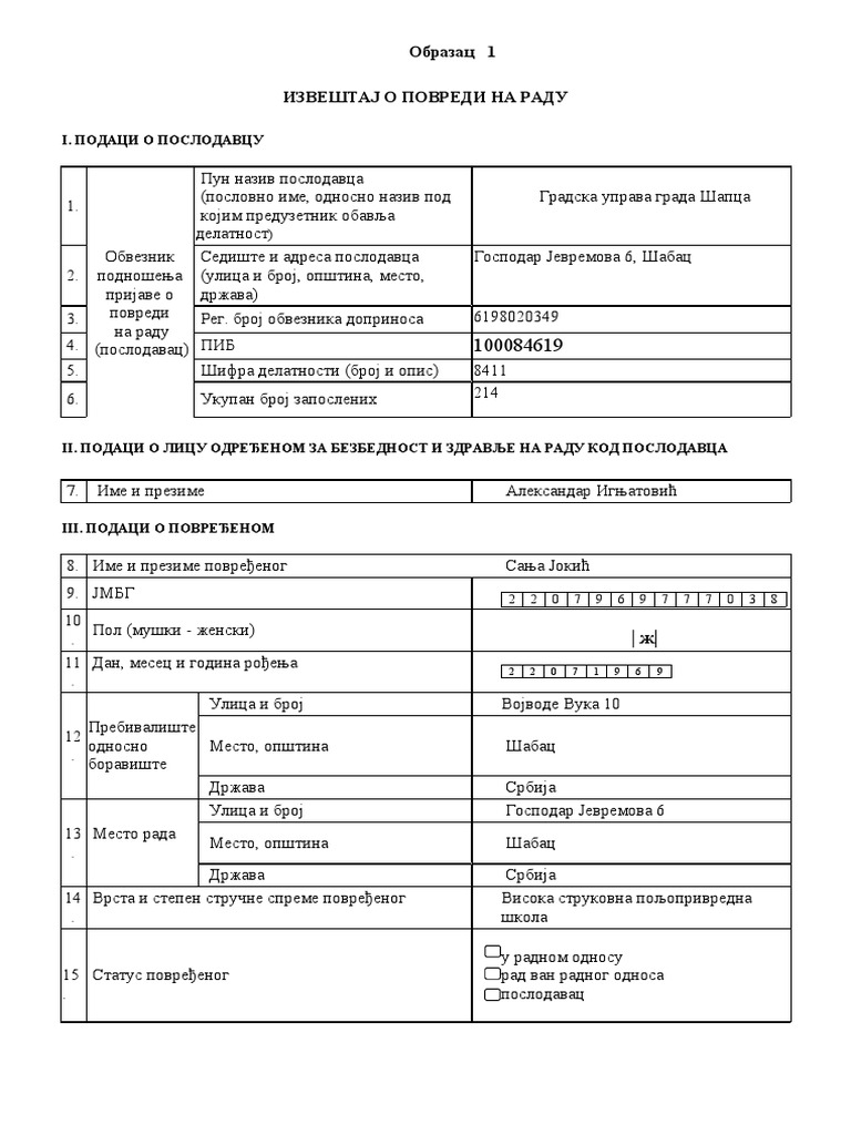 IZVESTAJ Povr Na Radu Za FORMULAR Sanja | PDF