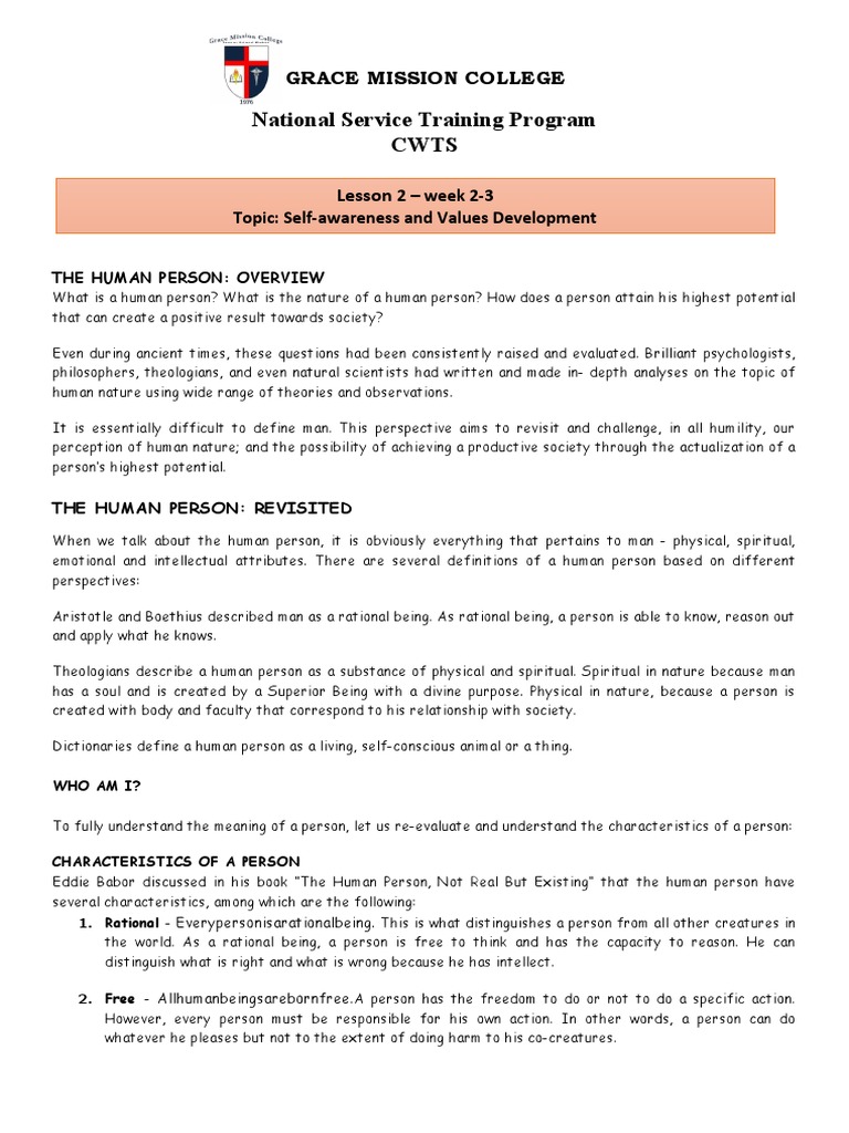 CWTS Lesson 2 | PDF | Self Esteem | Psychological Concepts