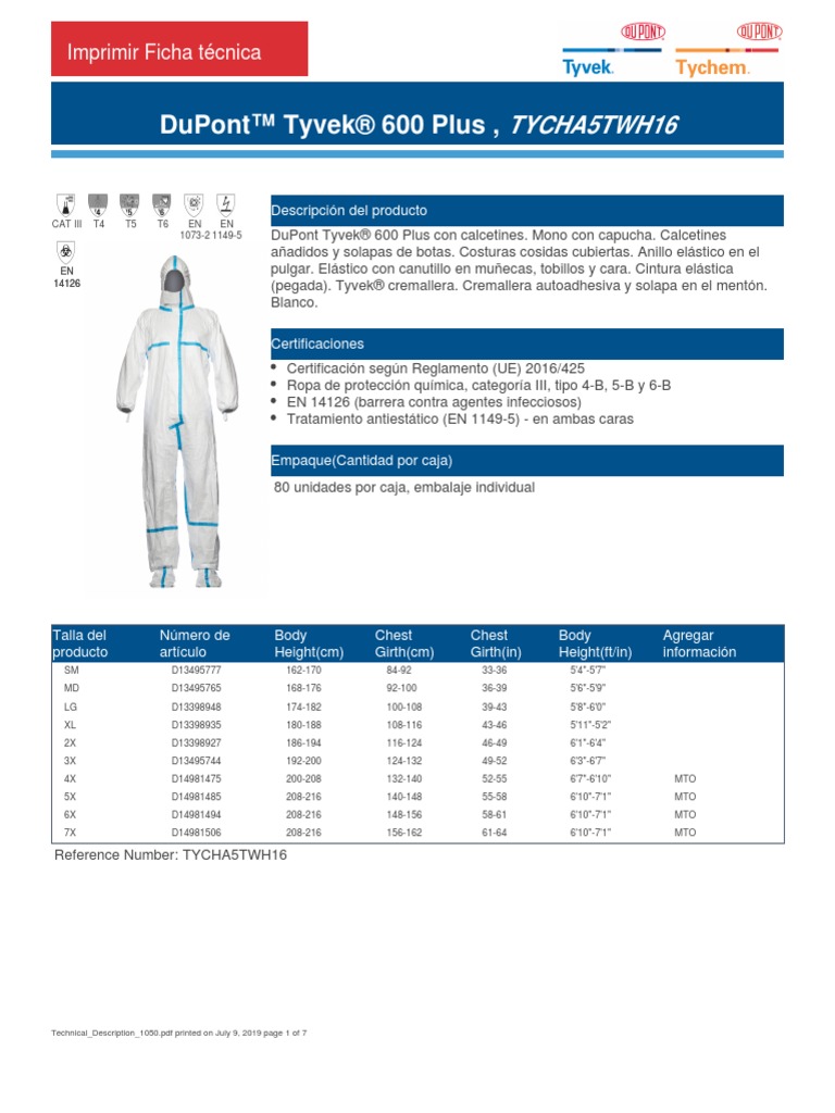 FT 01100008-Mameluco Tyvek 600 Plus Azul | PDF | Sustancias químicas | Ciencias fisicas