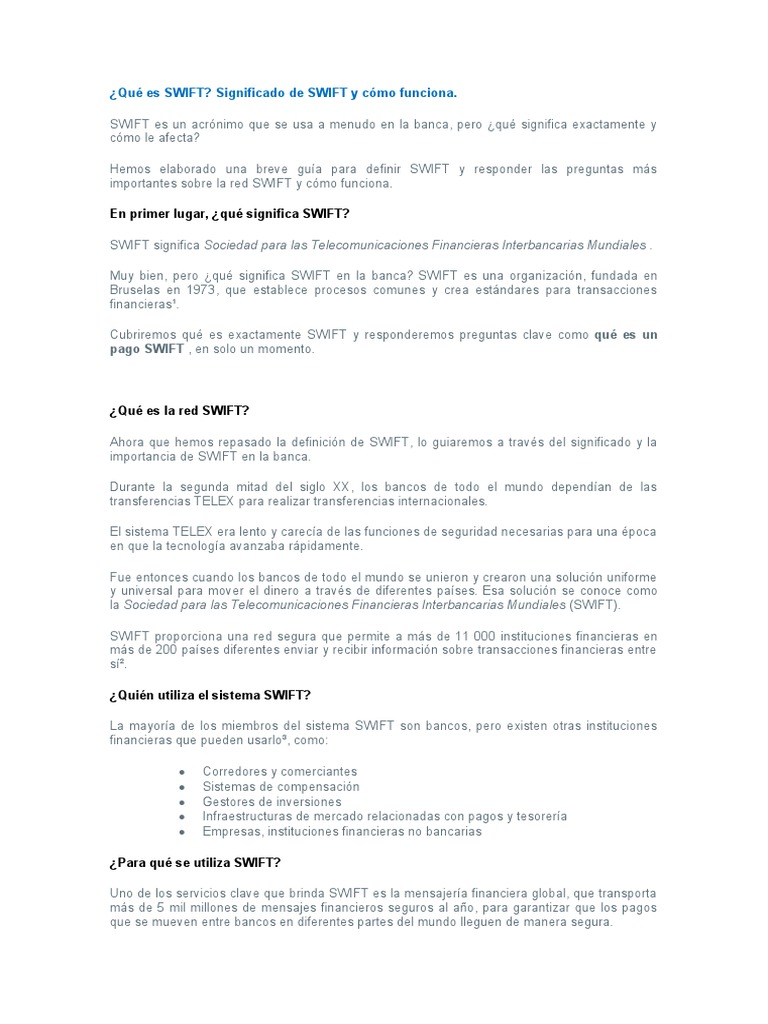 Significado de SWIFT y Cómo Funciona. | PDF | Bancos | Dinero