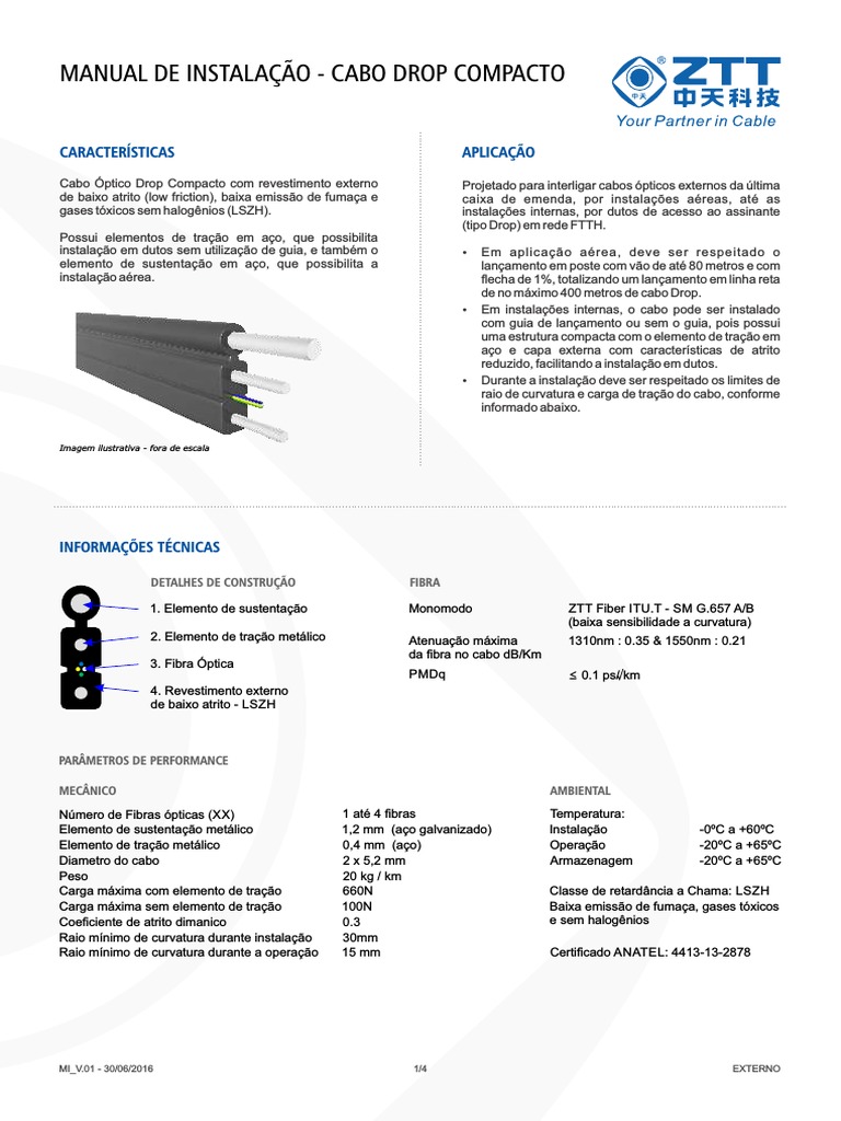 Manual de Instalação - Cabo Drop - ZTT Cable | PDF | Fibra ótica | Rede ...