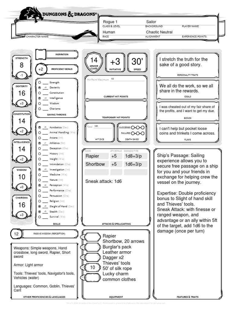 Character Sheet - Rogue 1 | PDF | Role Playing Games