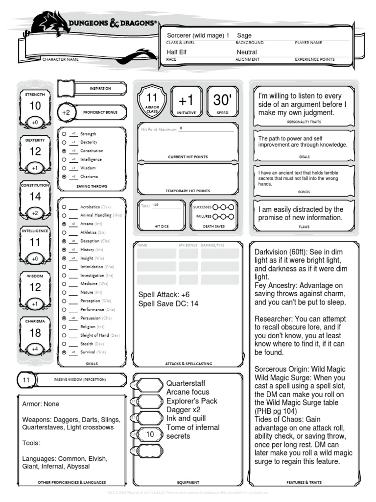 Character Sheet - Sorcerer 1 | PDF