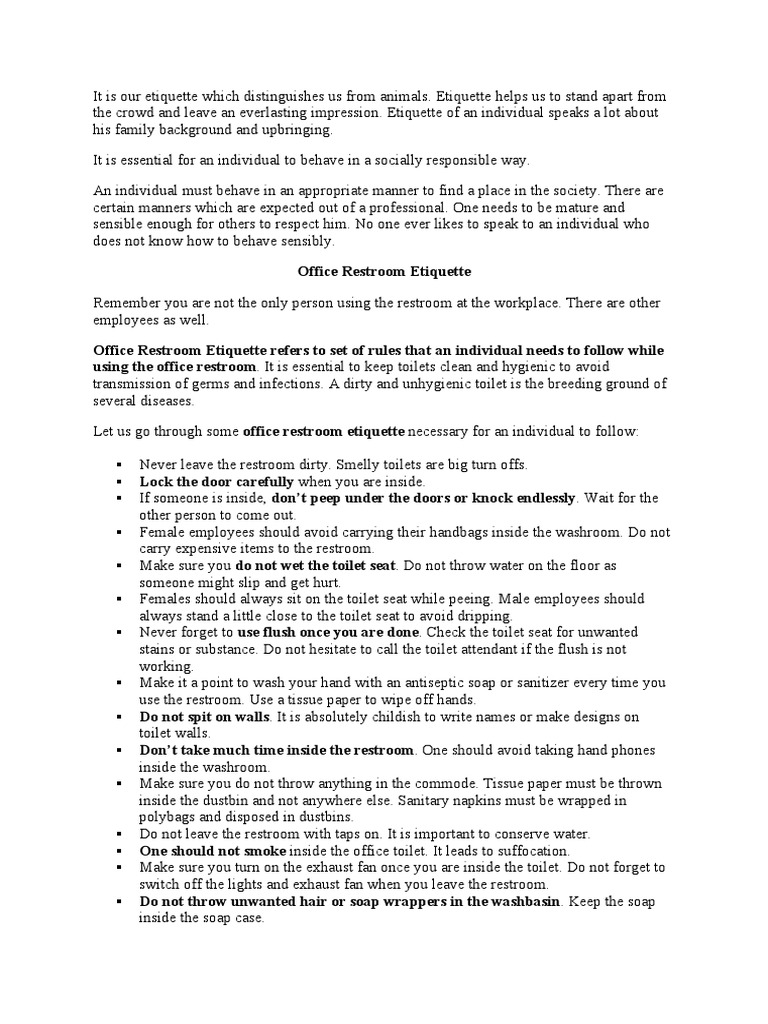 Office Restroom Etiquette | PDF | Public Toilet | Etiquette