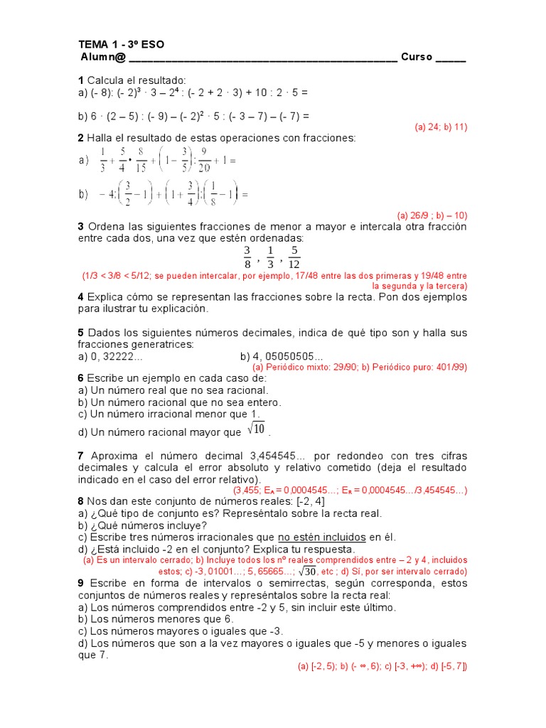 Examen Tema 1. NÃºmeros Reales (Con Soluciones) | PDF | Número racional ...