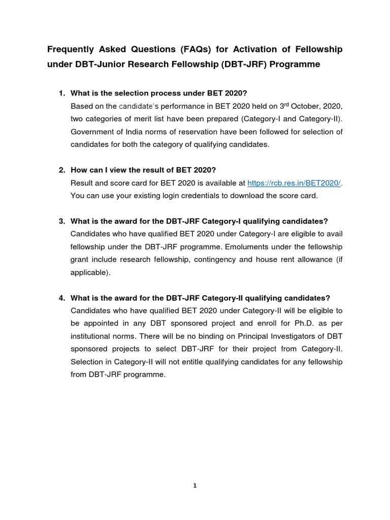 FAQs For Activation of DBT JRF Fellowship | PDF | Doctor Of Philosophy | Government