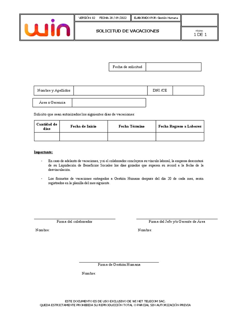 Formato de Vacaciones v2 | PDF