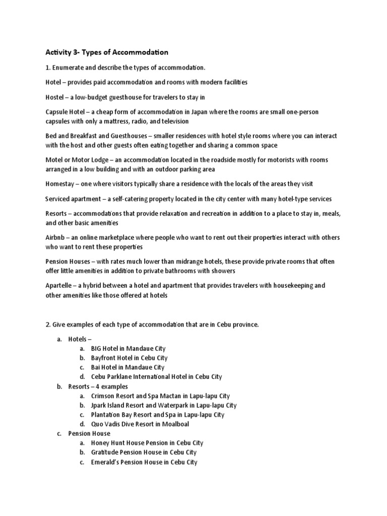 Activity 3 - Types of Accomodation | PDF | Travel | Home & Garden