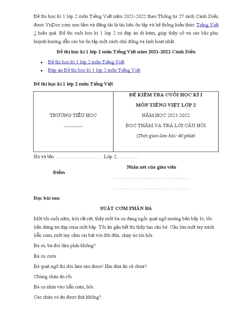 De Thi Hoc Ki 1 Lop 2 Mon Tieng Viet Nam 2021 2022 Sach Canh Dieu de 1 | PDF