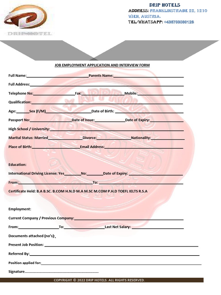 Drip Hotels Employment Application and Interview Form. | PDF | Career ...