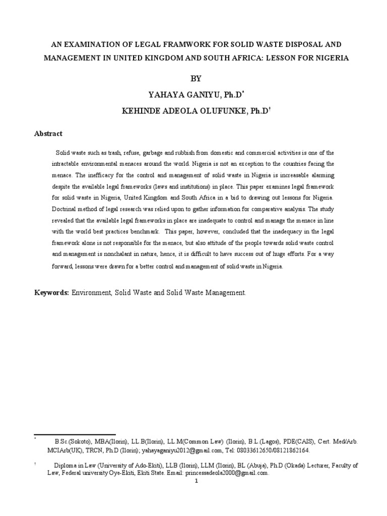 An Examination of Legal Framwork For Solid Waste Disposal and ... An Examination of Legal Framwork For Solid Waste Disposal and ...