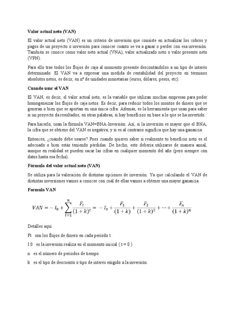 Cálculo y Uso del Valor Actual Neto (VAN) | PDF | Valor presente neto ...