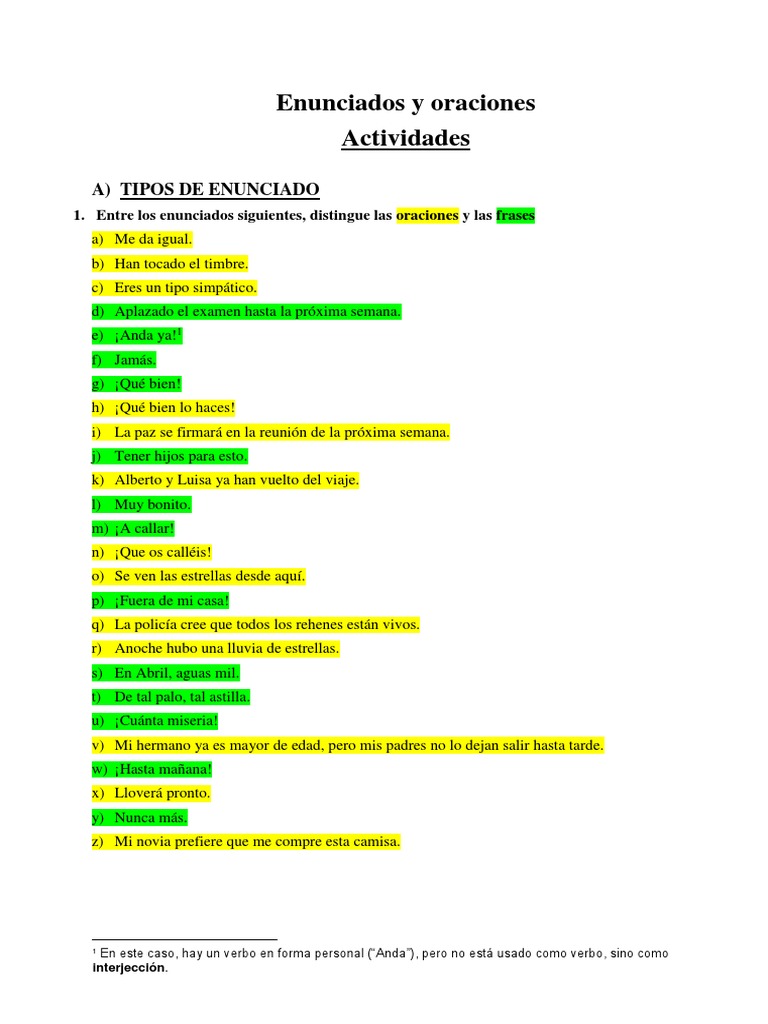 Enunciados y Oraciones Actividades: A) Tipos de Enunciado | PDF | Predicado (Gramática) | Asunto ...