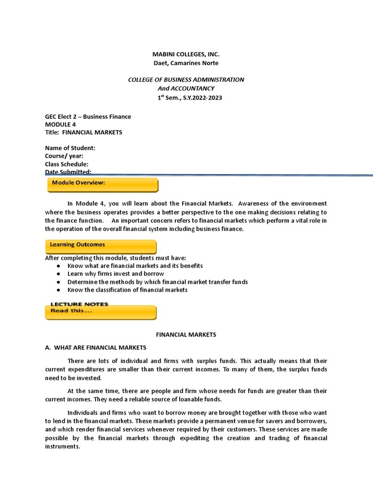 GEC Elect 2 Module 4 | PDF | Securities (Finance) | Financial Markets