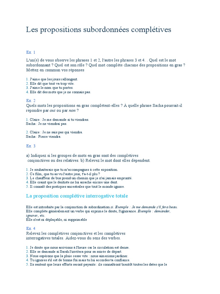 Propositions subordonnées complétives | PDF | Clause | Phrase