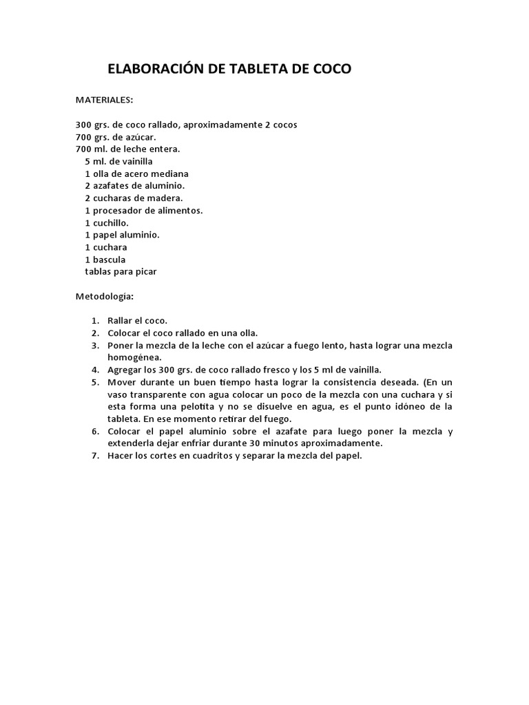 Elaboración de Tableta de Coco | PDF