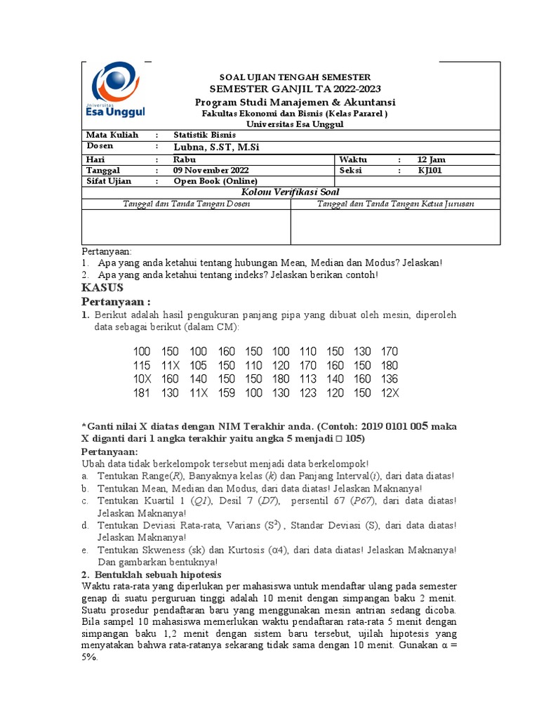 Soal UTS Statistik Bisnis Ganjil 2022-2023 | PDF