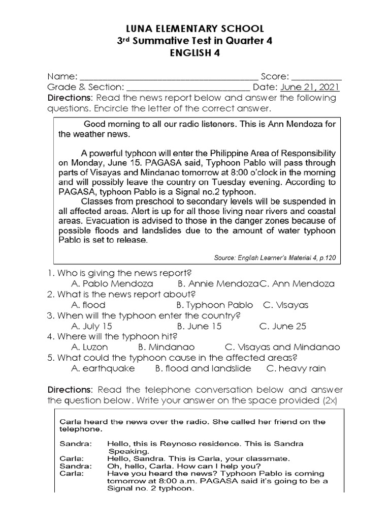 Summative Assessment on English, Mathematics, Music, Art, Physical ...