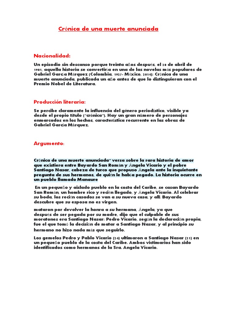 Crónica de una muerte anunciada: Resumen | PDF | Historia | Clásicos