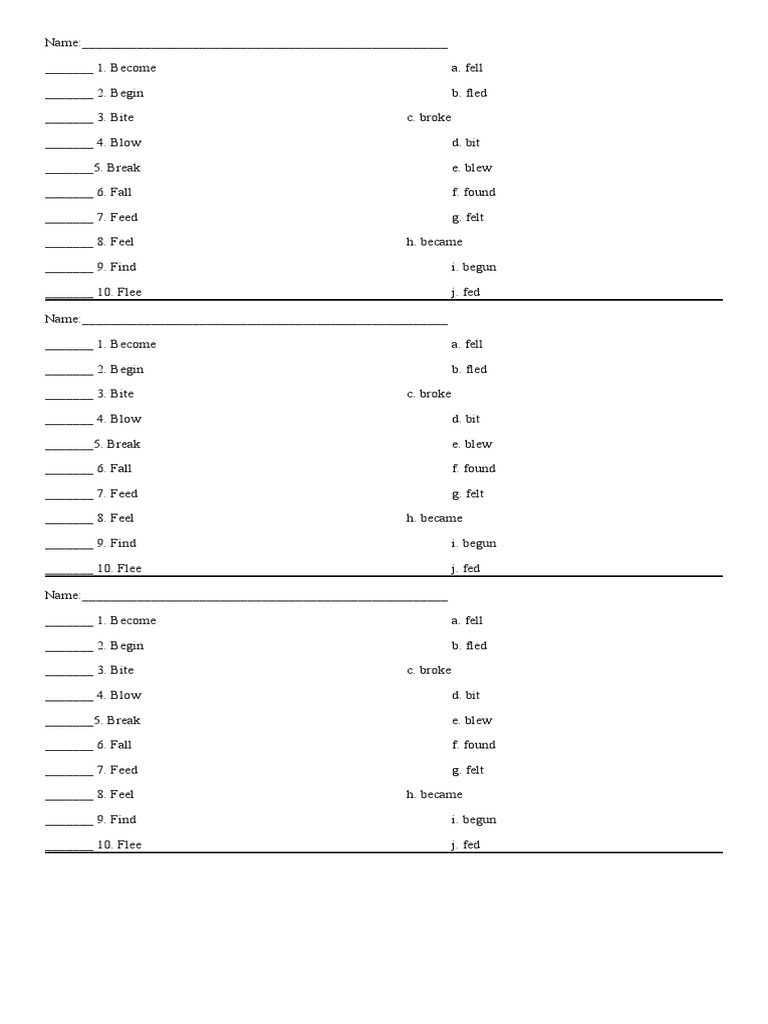 Irregular Verbs Matching Type | PDF