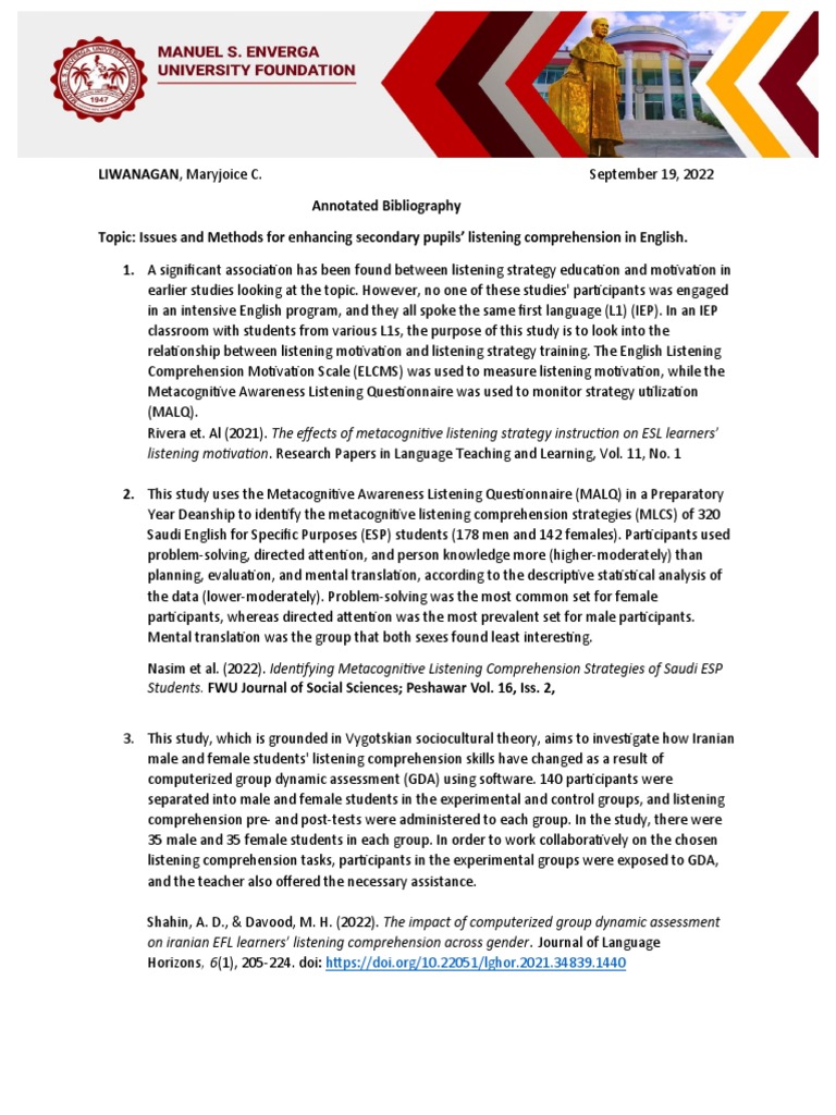 Annotated Bibliography | PDF | English As A Second Or Foreign Language | Reading Comprehension