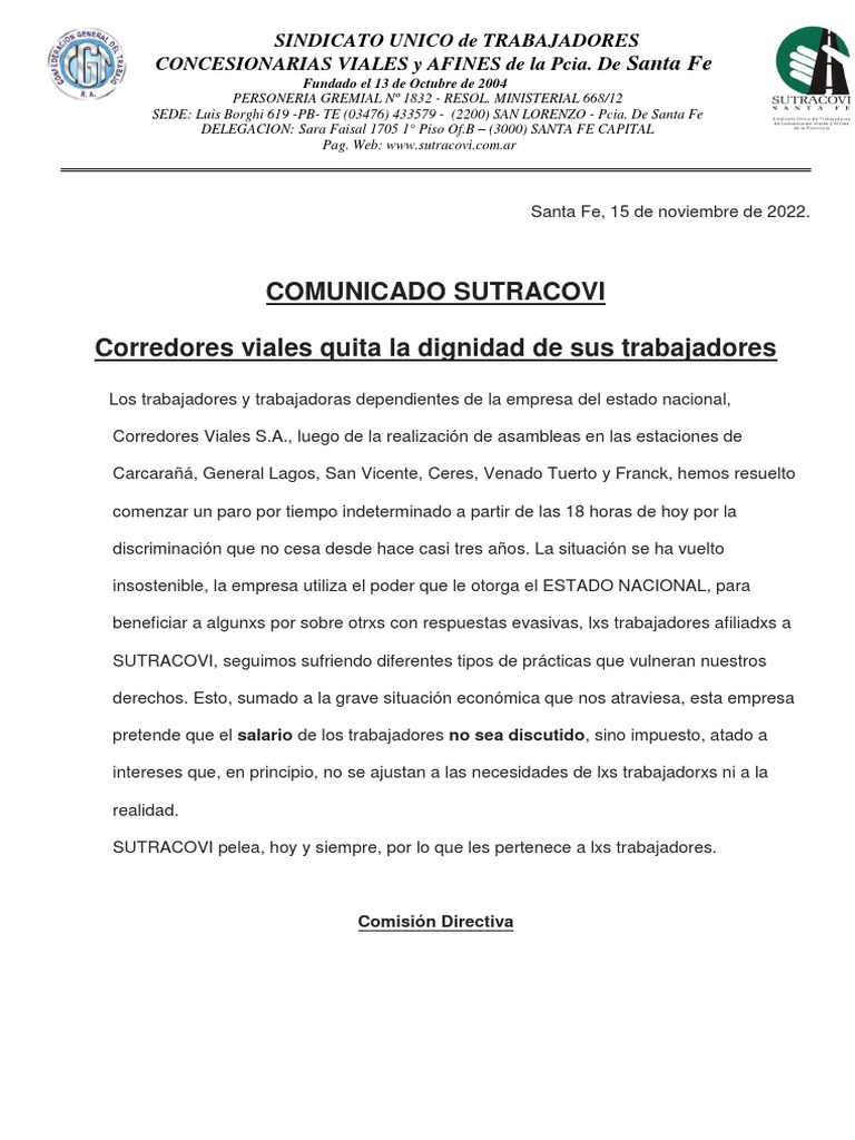 Comunicado de SUTRACOVI | PDF | Negocios | Derecho