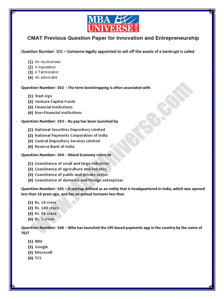 Cmat Previous Question Paper For Innovation and Entrepreneurship | PDF ...