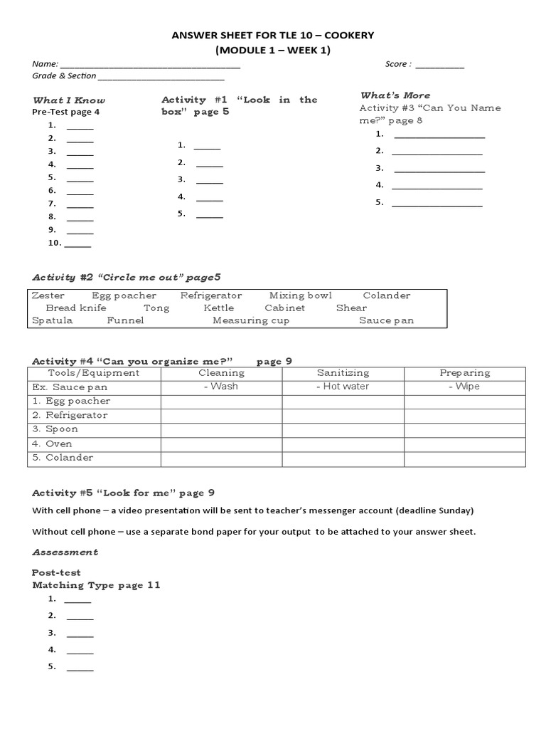 ANSWER SHEET FOR TLE 10 Module 1 | PDF | Food And Drink Preparation | Home
