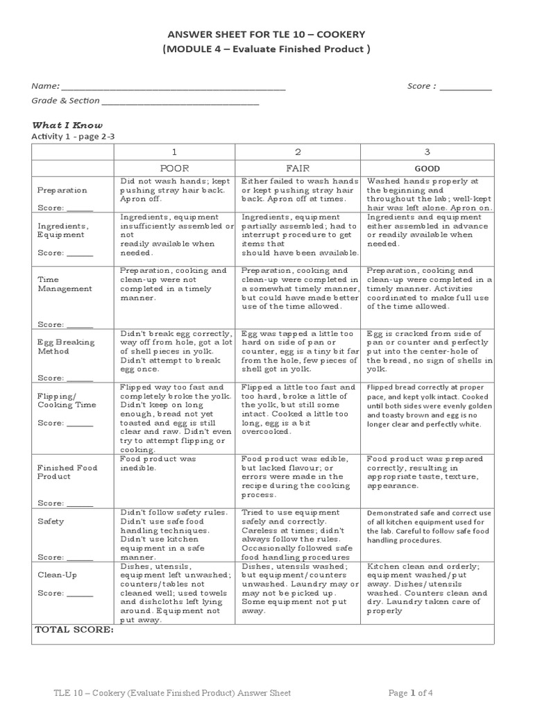 ANSWER SHEET FOR TLE 10 Module 4 Performance Activity - Eggs | PDF | Egg As Food | Cooking