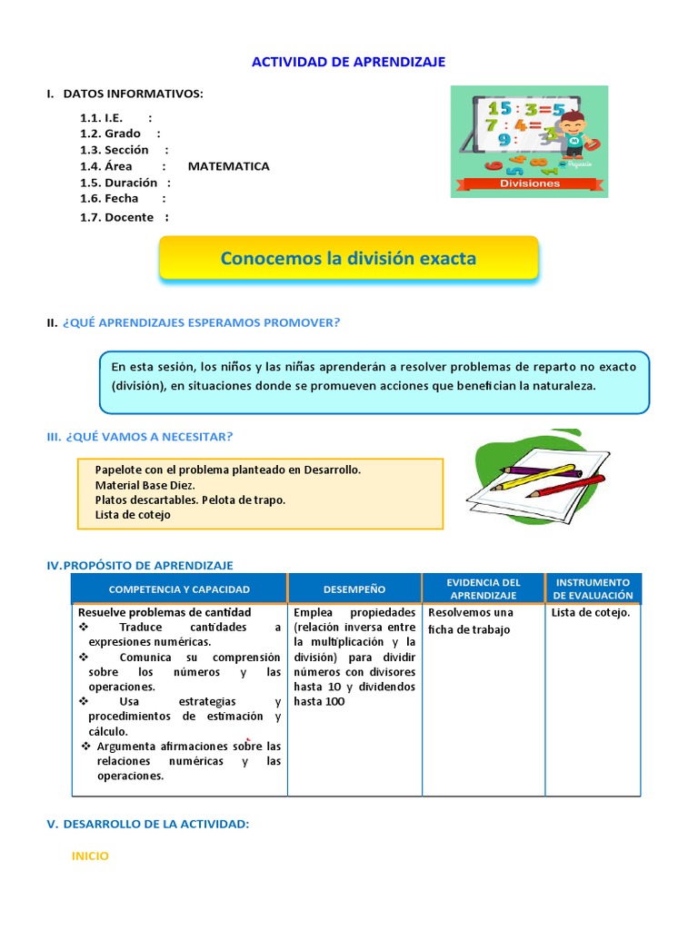D2 A1 SESION Conocemos La División Exacta | PDF | Evaluación | Aprendizaje D2 A1 SESION Conocemos La División Exacta | PDF | Evaluación | Aprendizaje
