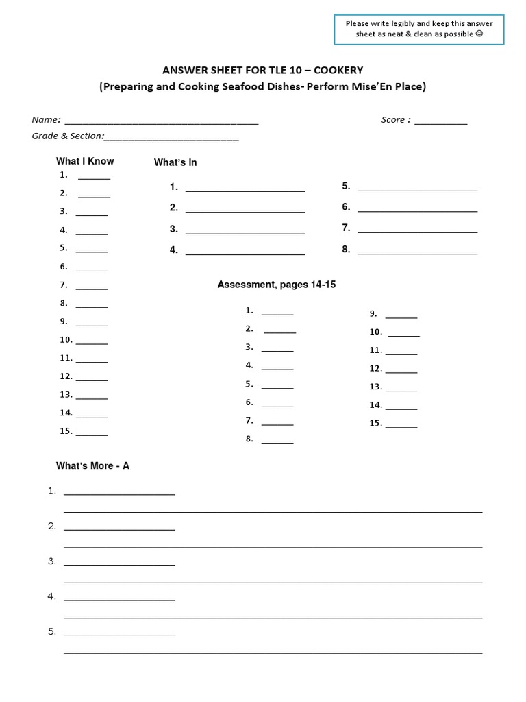 ANSWER SHEET FOR TLE 10 Las 4 Seafood Mise en Place | PDF | Career & Growth | Computers