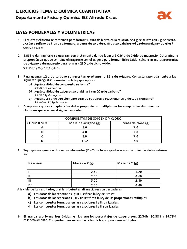 Ejercicios Tema 3 Leyes Ponderales | PDF | Mole (Unidad) | Gases