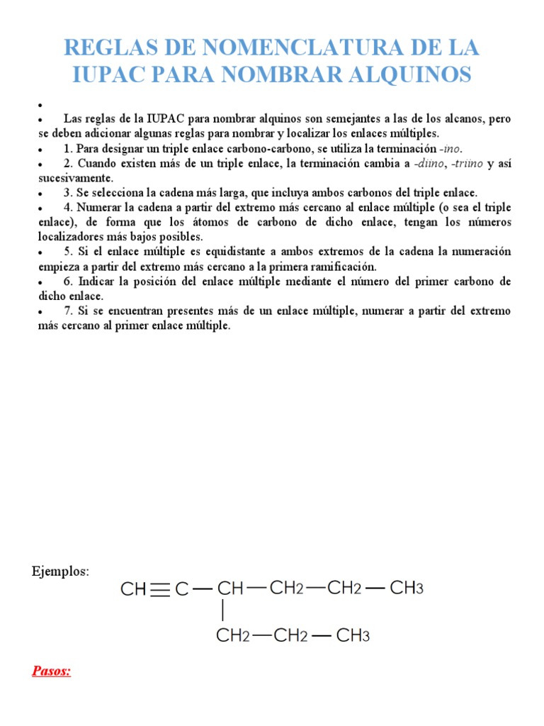 Reglas de Nomenclatura de La Iupac para Nombrar Alquinos | PDF | Enlace químico | Compuestos ...