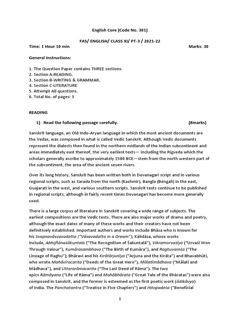 Class 11-PT3-ENG-QP-2021-22-edited | PDF | Grammatical Gender | Sanskrit