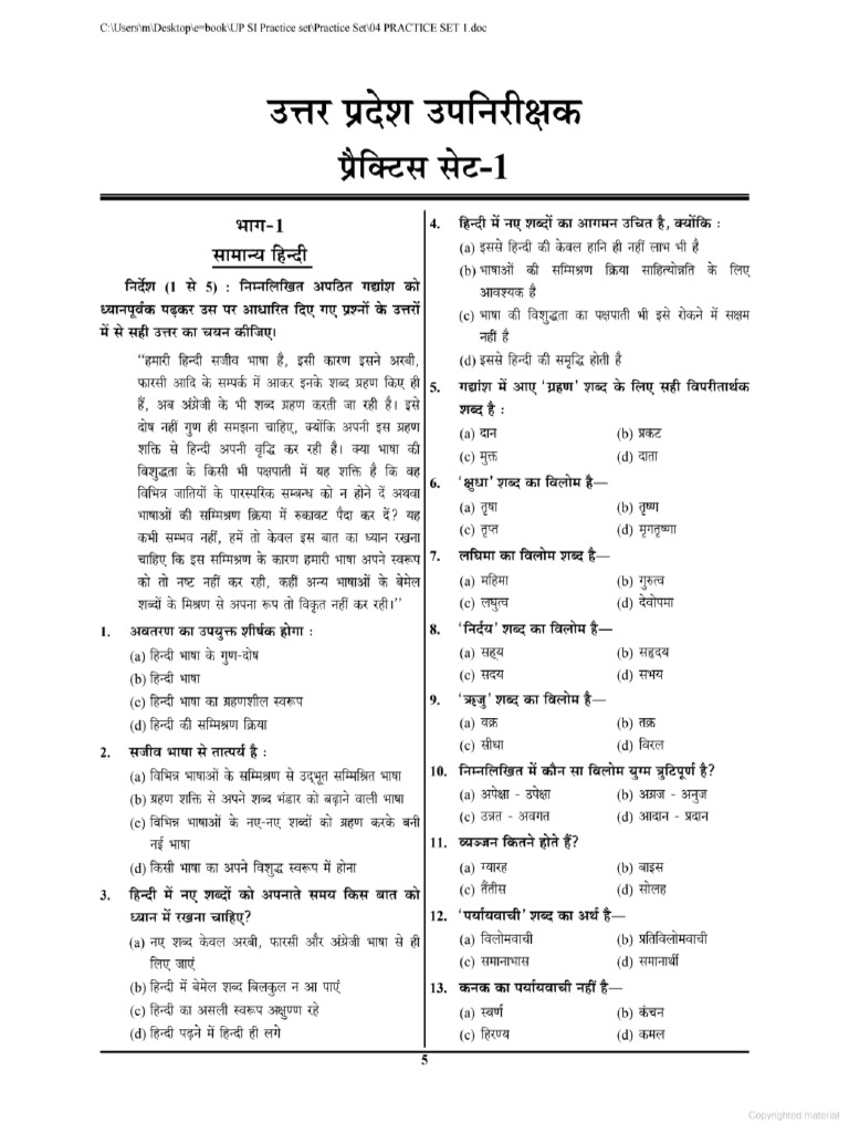 UP SI Practice Set 01 | PDF